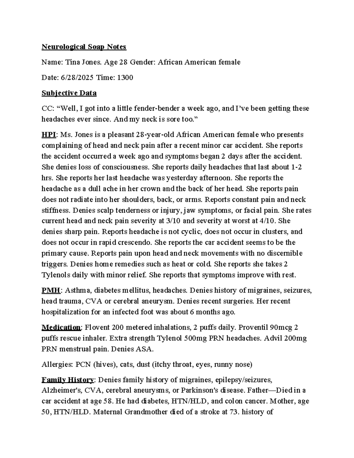 Neurological SOAP Notes: Tina Jones - Head & Neck Pain Assessment - Studocu