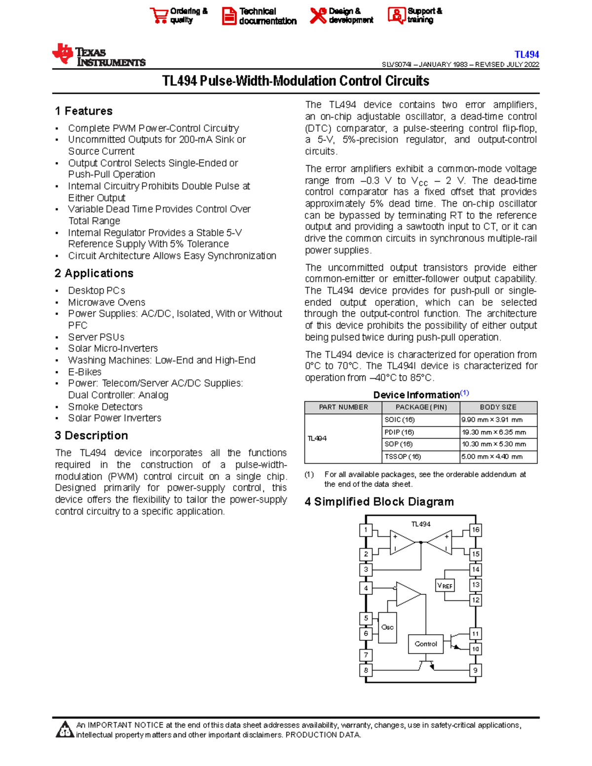 TL494 SLVS074I Data Sheet: PWM Control Circuit Overview - Studocu