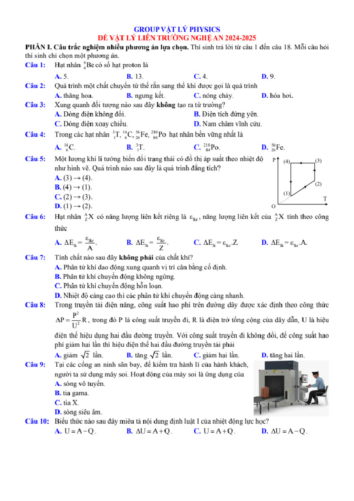 GROUP VÂT LÝ PHYSICS DÈ VAT LÝ LIÊN TRƯỜNG NGHỆ AN - Câu Trắc Nghiệm ...