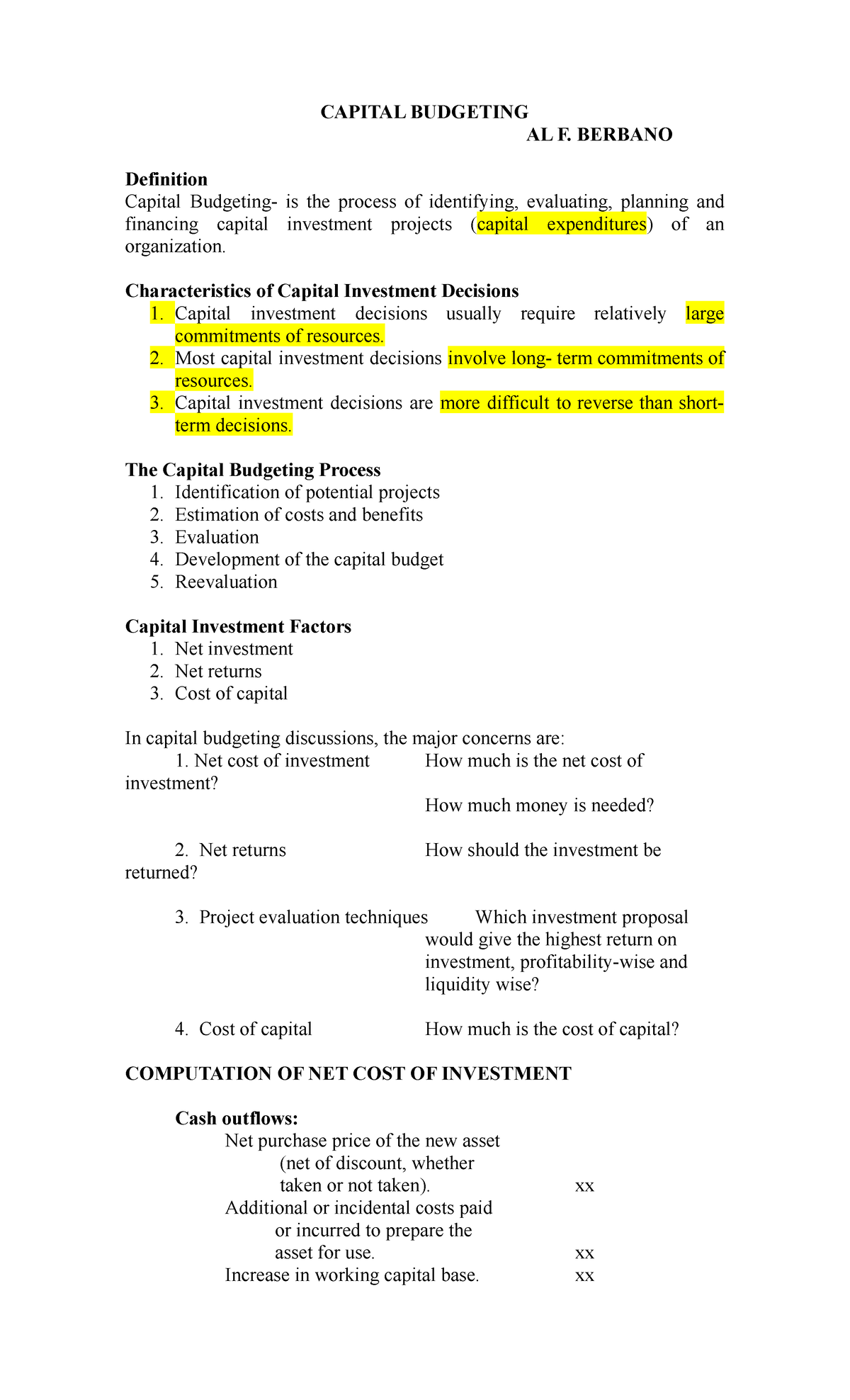 Capital Budgeting Lessons & Problems (FIN 101) - Complete Overview - Studocu
