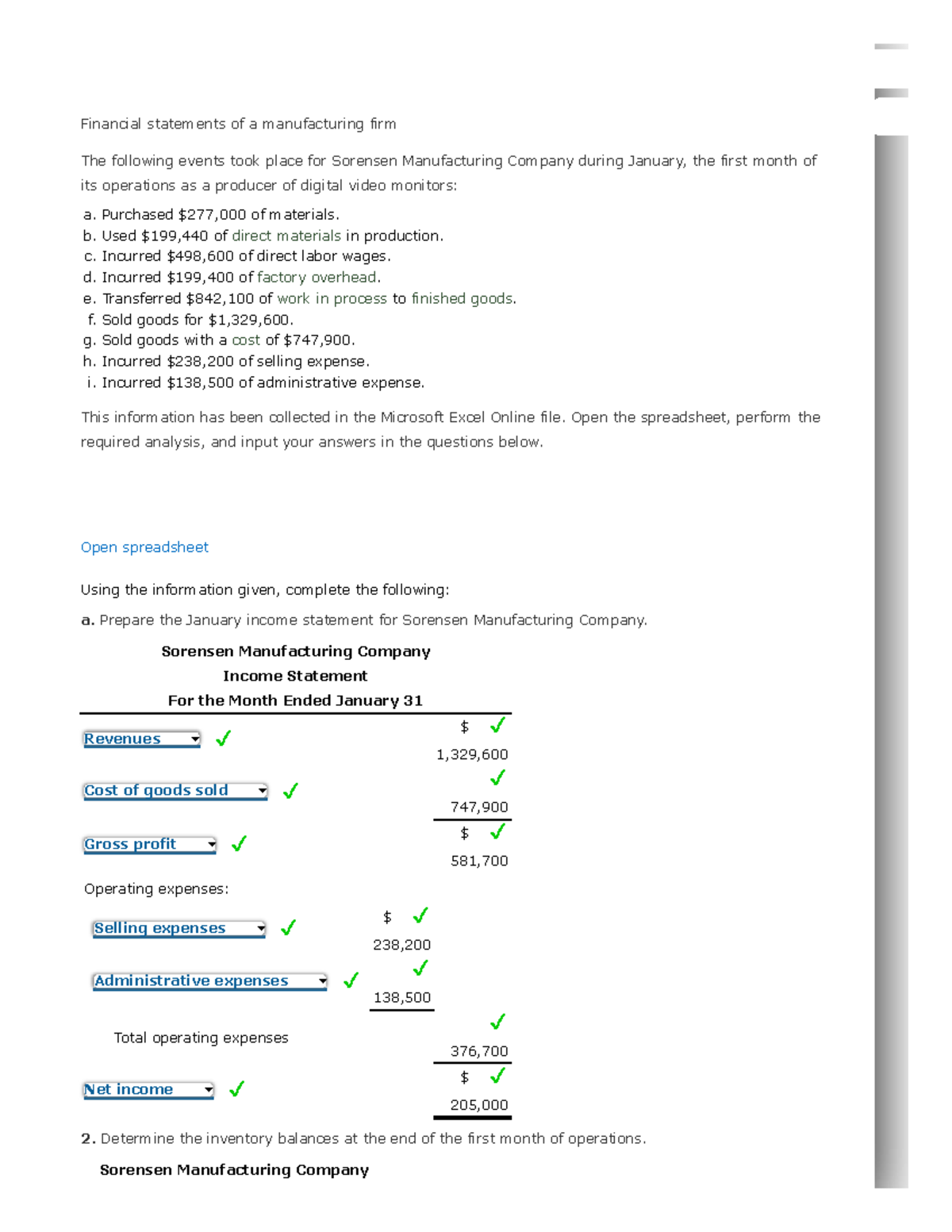 Financial Statements Analysis for Sorensen Mfg Co - Jan Operations ...