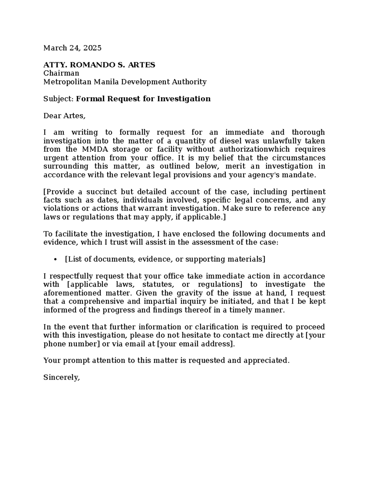 Formal Request for Investigation - MMDA Letter to Chairman Artes - Studocu