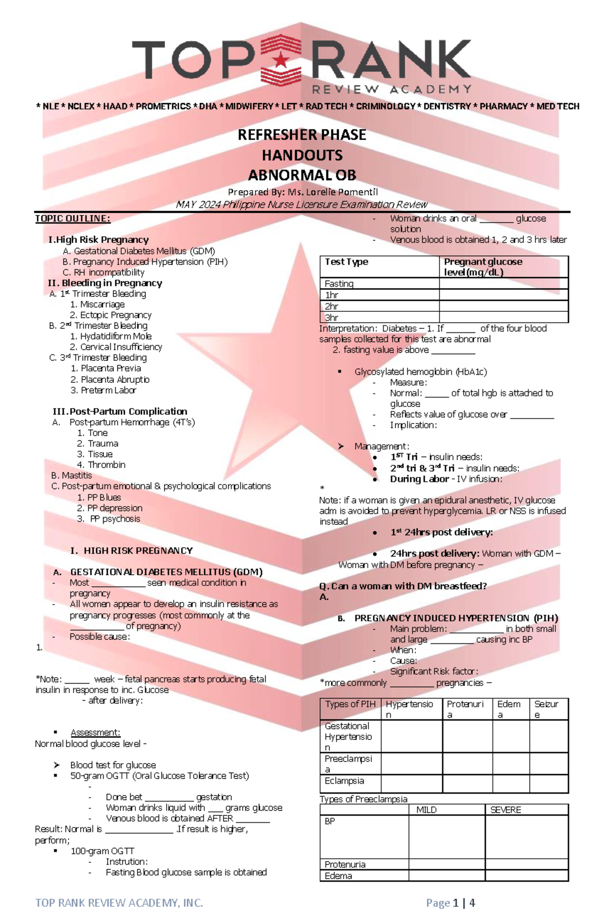 Handouts: Abnormal Obstetrics Review - Philippine Nurse Exam 2024 - Studocu