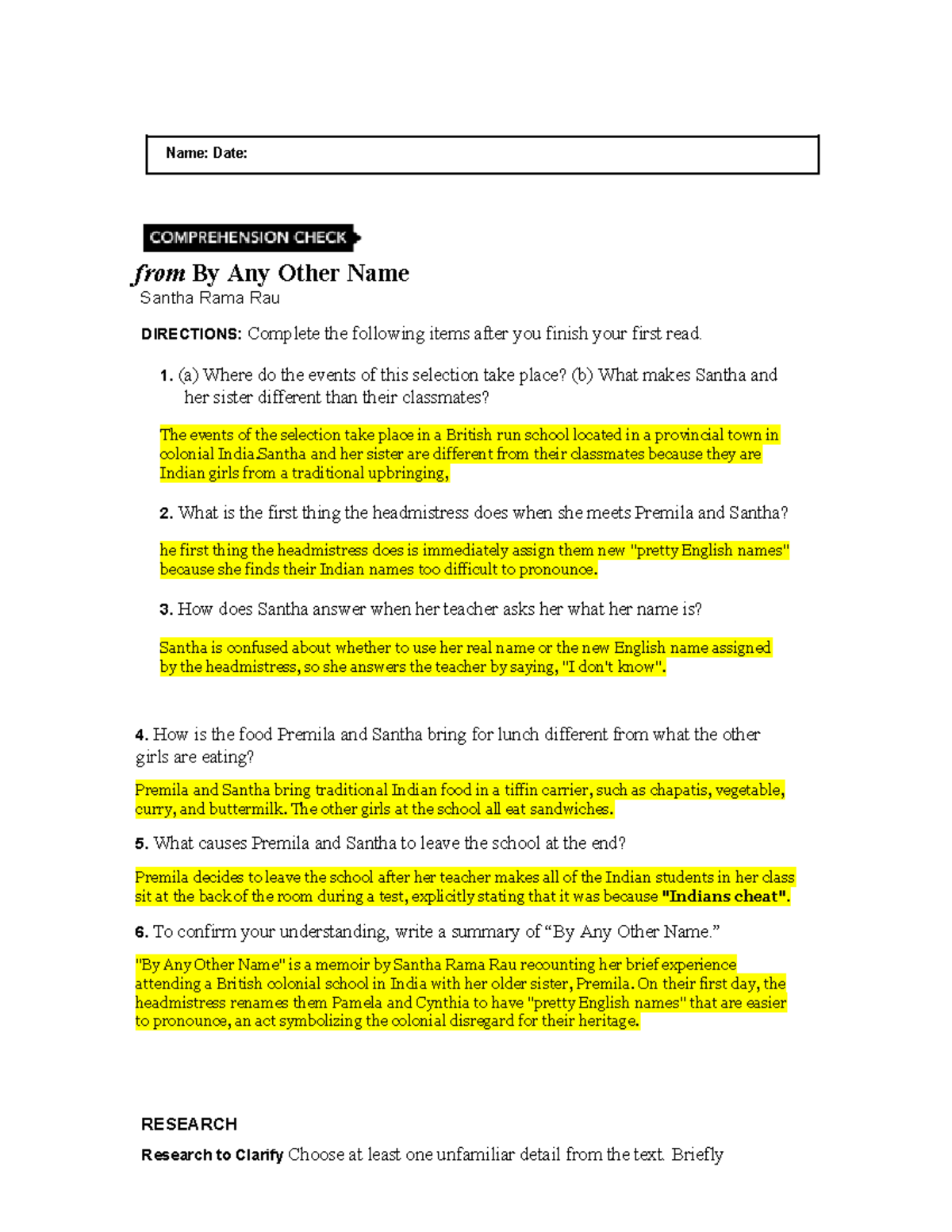 By Any Other Name: Text Questions for Analysis and Reflection - Studocu