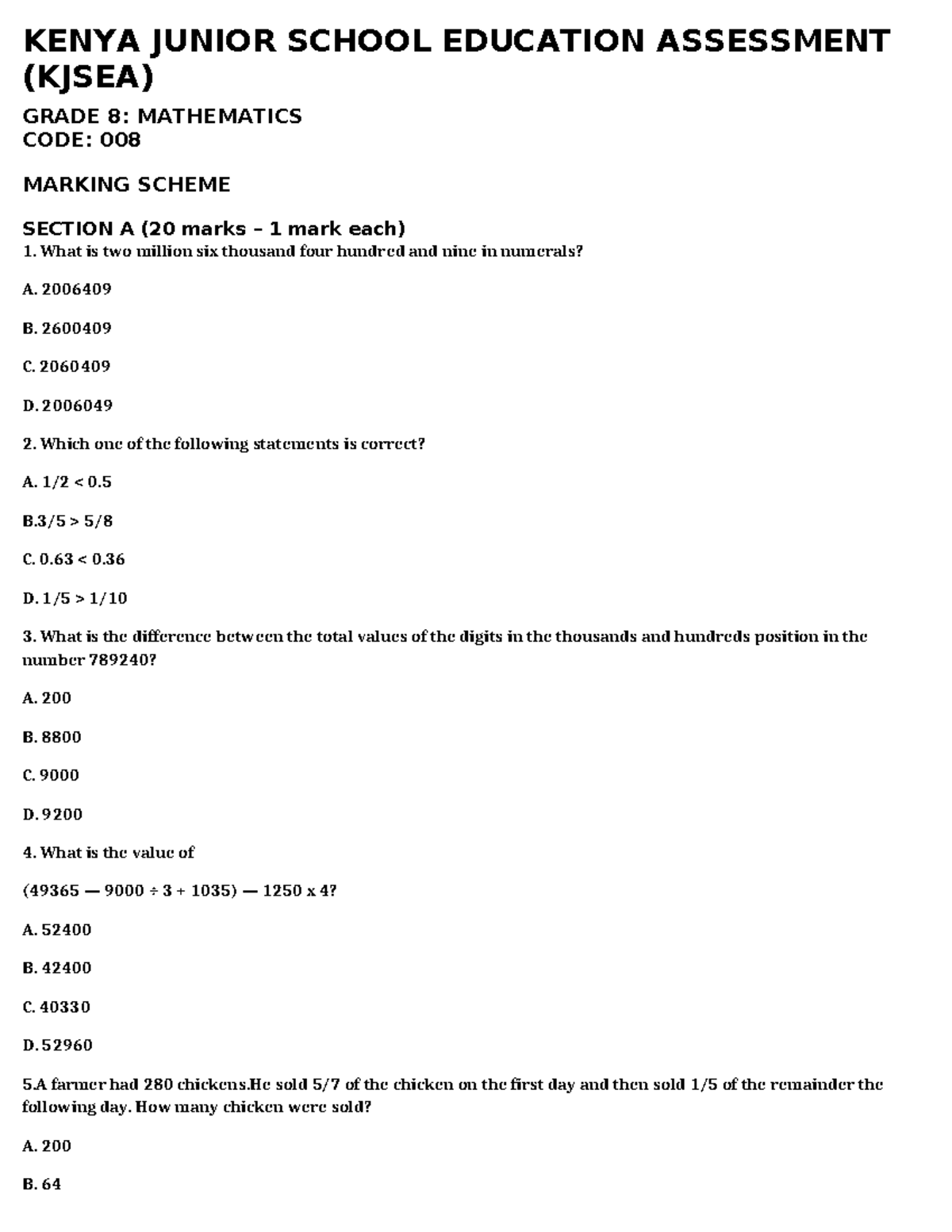 Grade 8 Mathematics KJSEA Marking Scheme - Code 008 - Studocu