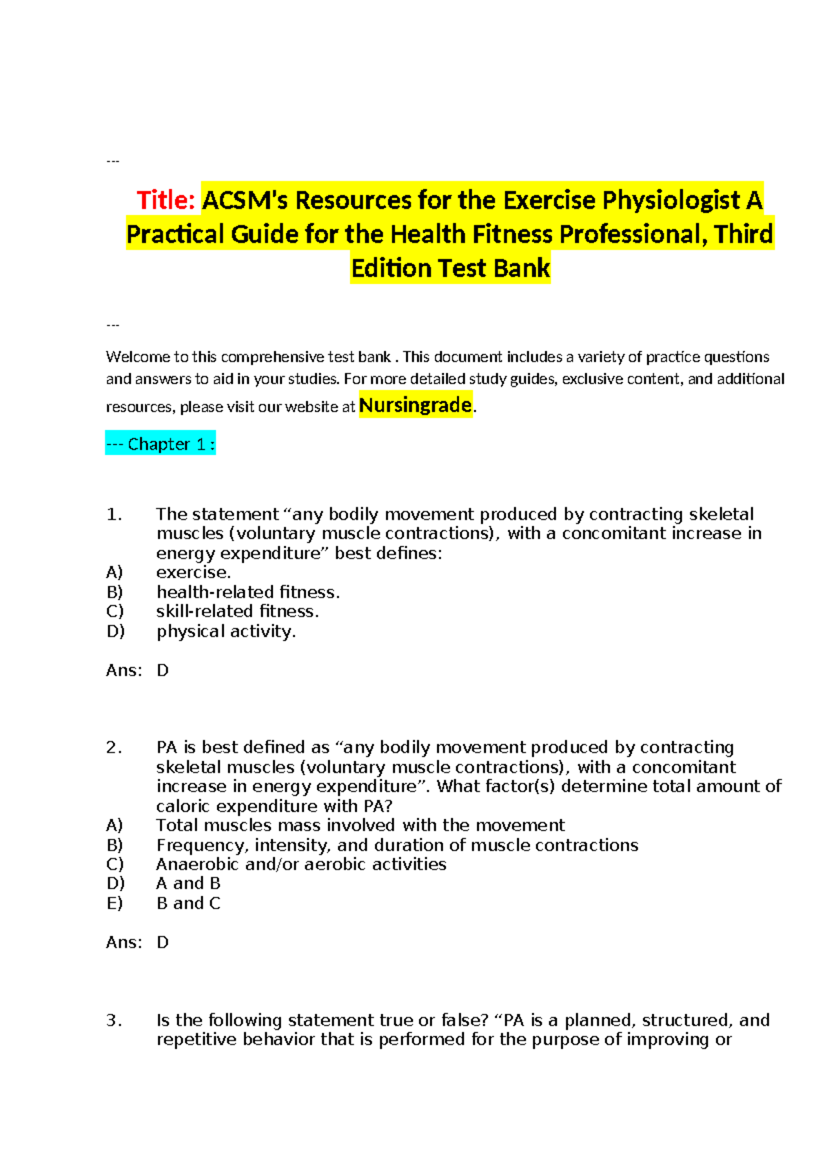 ACSM's Exercise Physiologist Test Bank: Health & Fitness Guide 3rd Ed ...