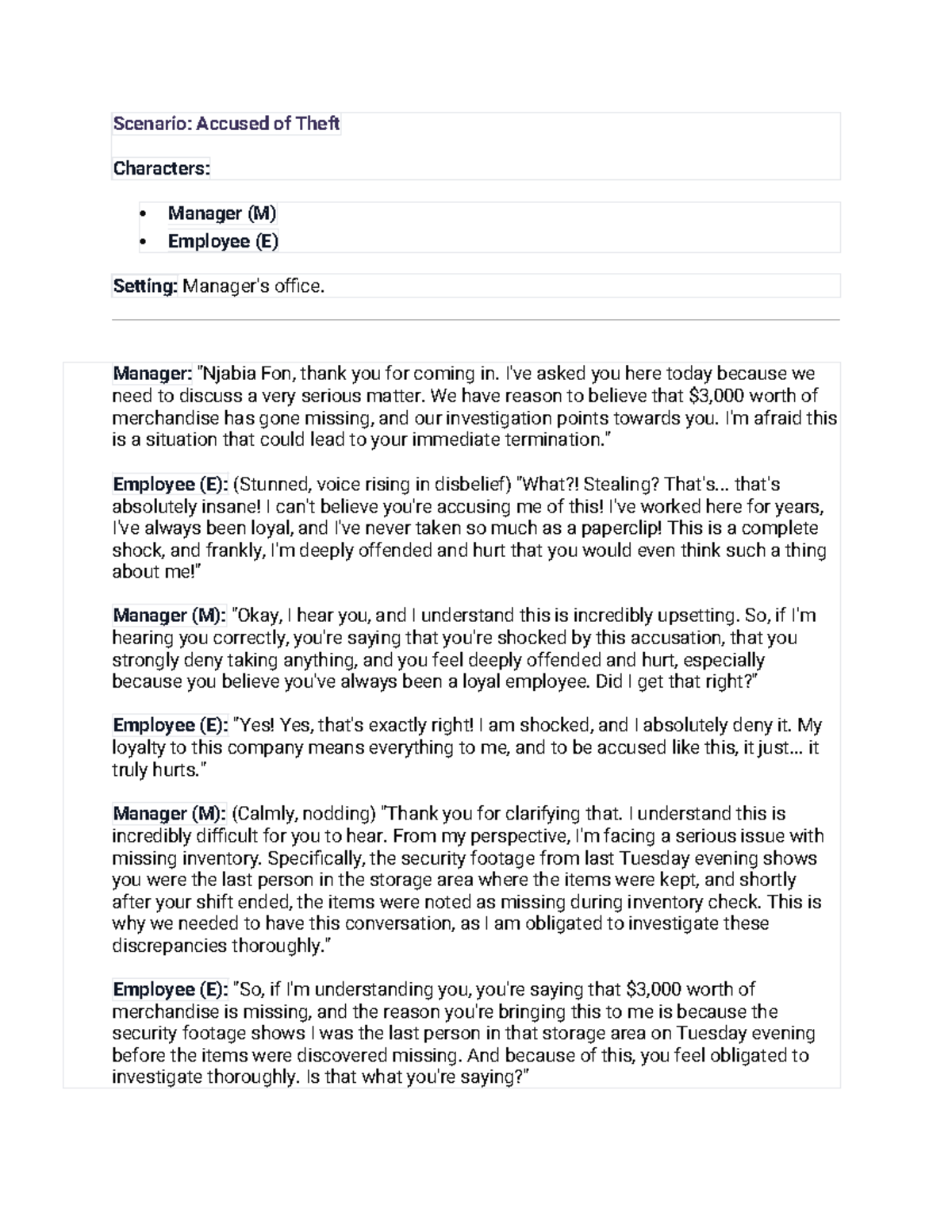 Scenario: Theft Accusation Dialogue in Office Setting - Studocu
