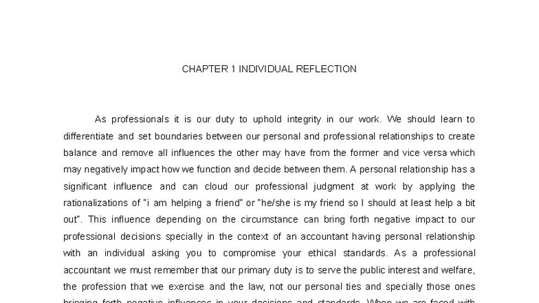 CHAPTER 1: INDIVIDUAL REFLECTION ON PROFESSIONAL INTEGRITY - Studocu