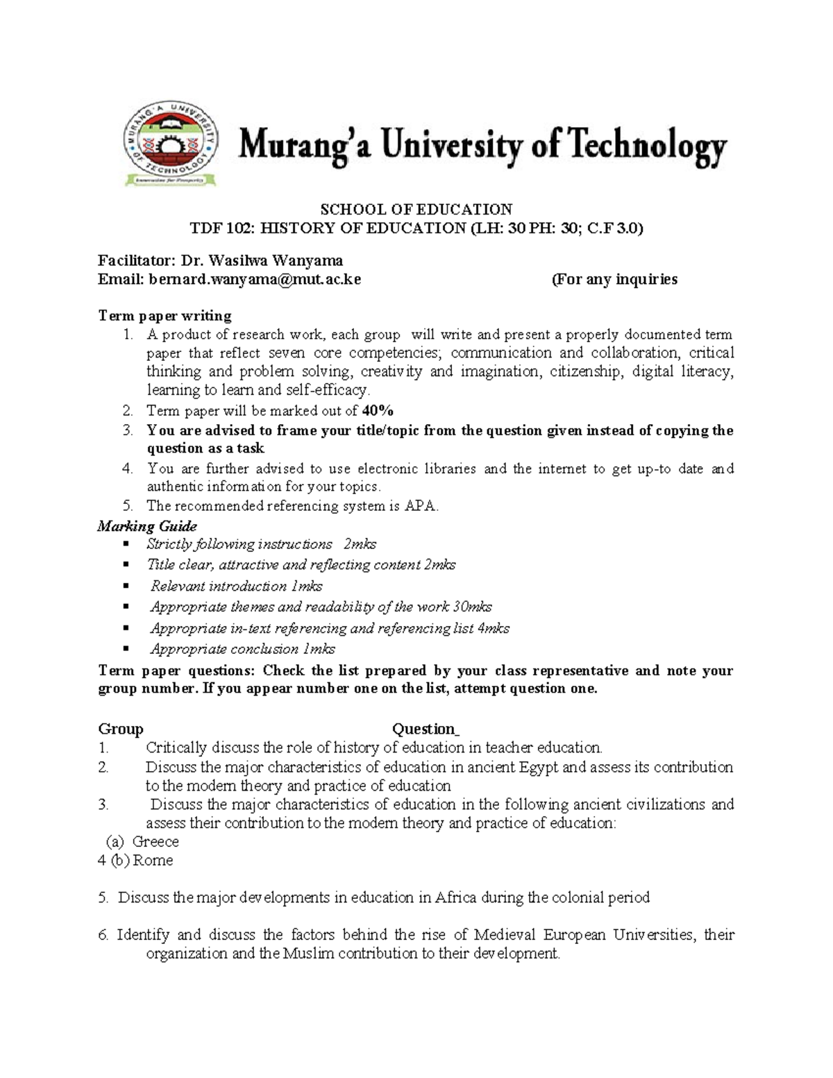 TDF 102: History of Education Term Paper Guidelines & Topics - Studocu