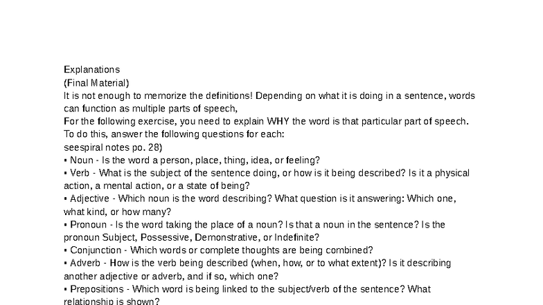 Part of Speech Explanations (Final Material) for English 101 - Studocu
