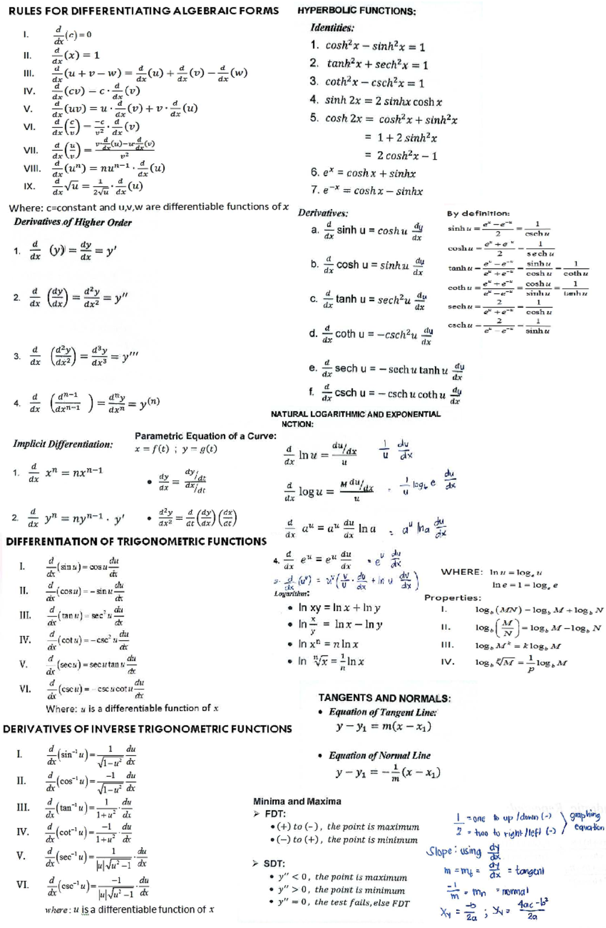 Differentiation Rules & Hyperbolic Functions: Final Exam Notes - Studocu