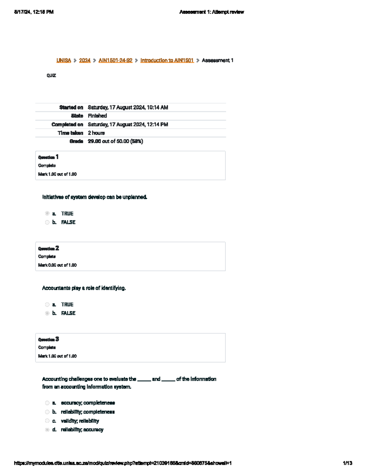 AIN1501 - Assessment 1 Quiz Review and Outcomes (UNISA 2024) - Studocu