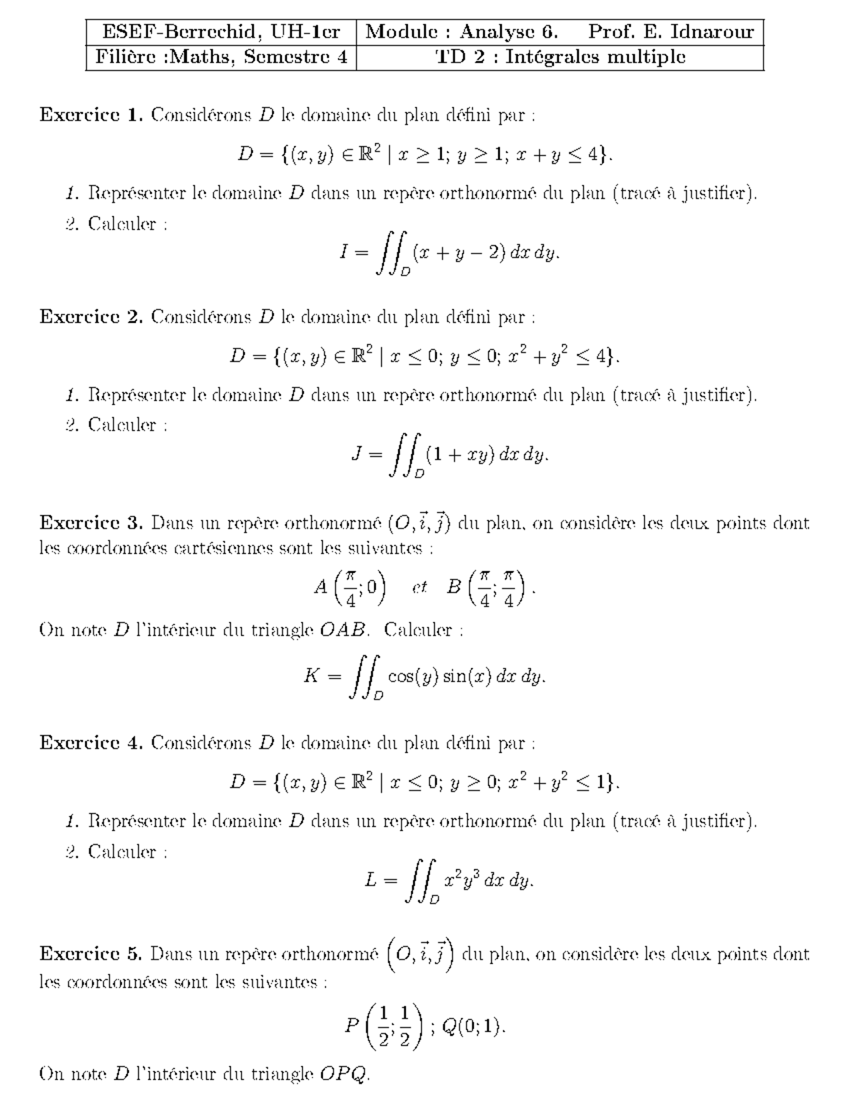 TD2 Analyse 6 - Exercices sur les Intégrales Multiples - Studocu