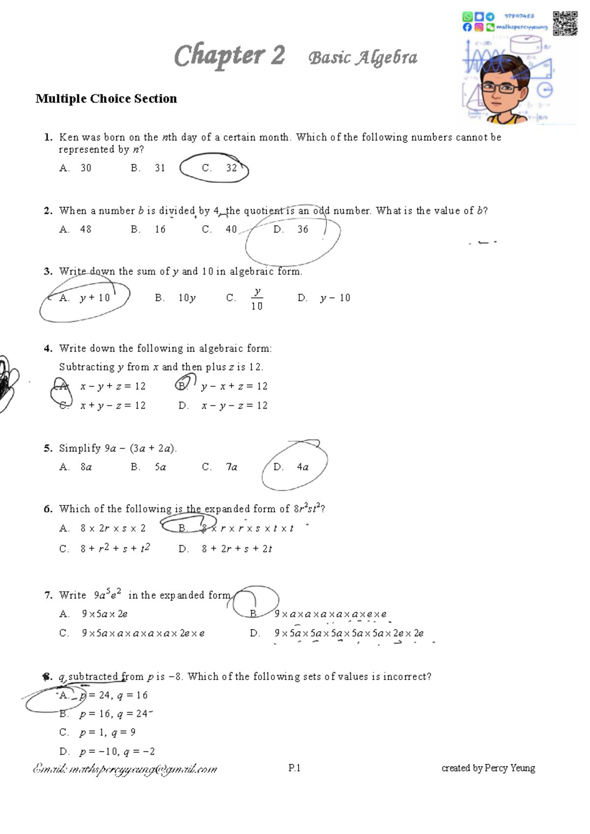 S1 CH2 Basic Algebra Multiple Choice Questions - Exercise - Studocu