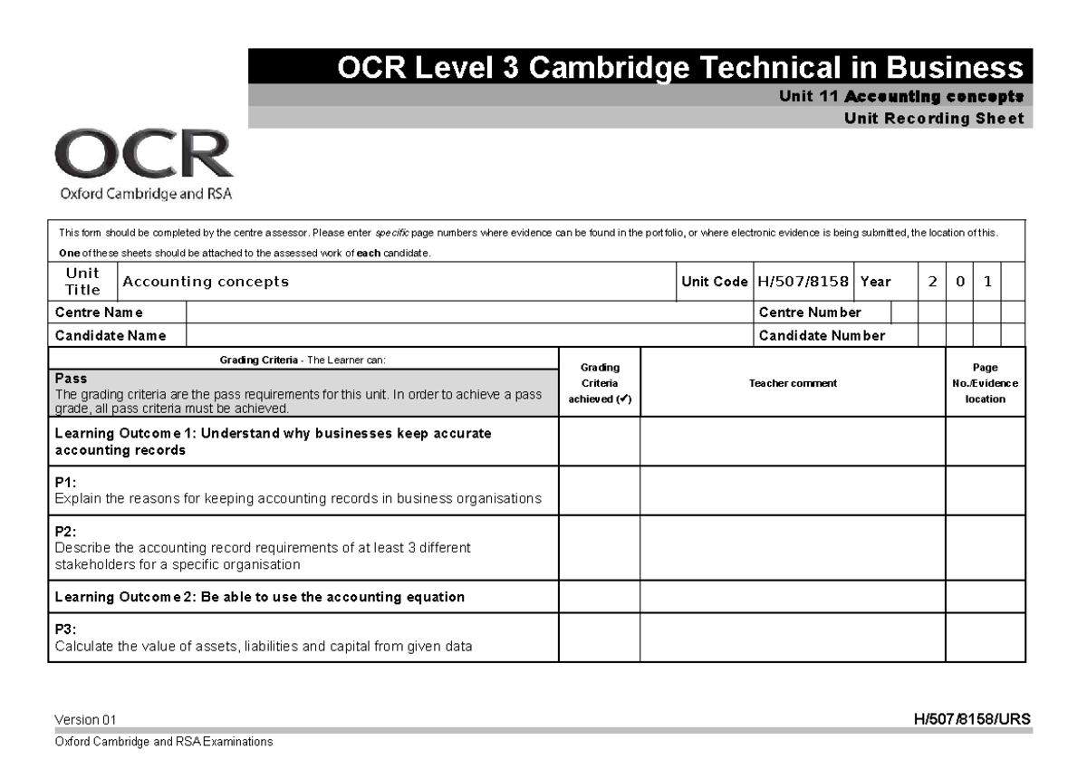 OCR Level 3 Cambridge Technical Unit 11 Accounting Concepts Recording ...