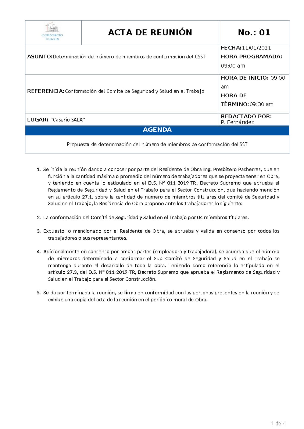 ACTA DE REUNIÓN No. 01: Determinación de Miembros del CSST - Studocu