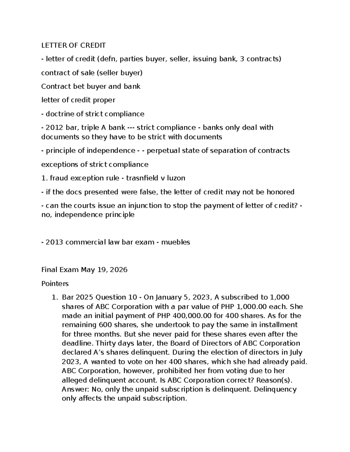 Letter of Credit: Key Concepts and 2012-2025 Bar Exam Insights - Studocu