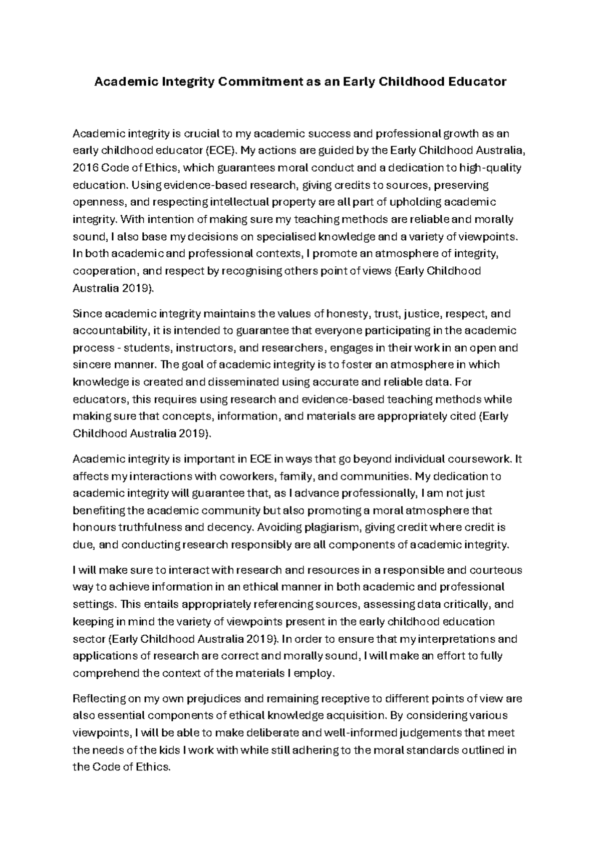 Document 1 - ASSESMENT 2 - Academic Integrity Commitment as an Early ...