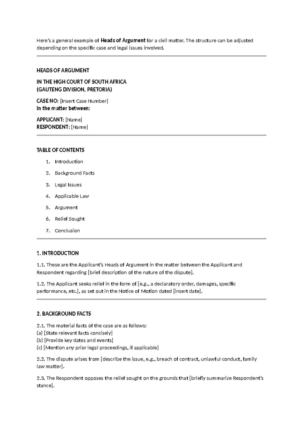 Heads of Argument Format for Civil Matters in High Court (SA) - Studocu