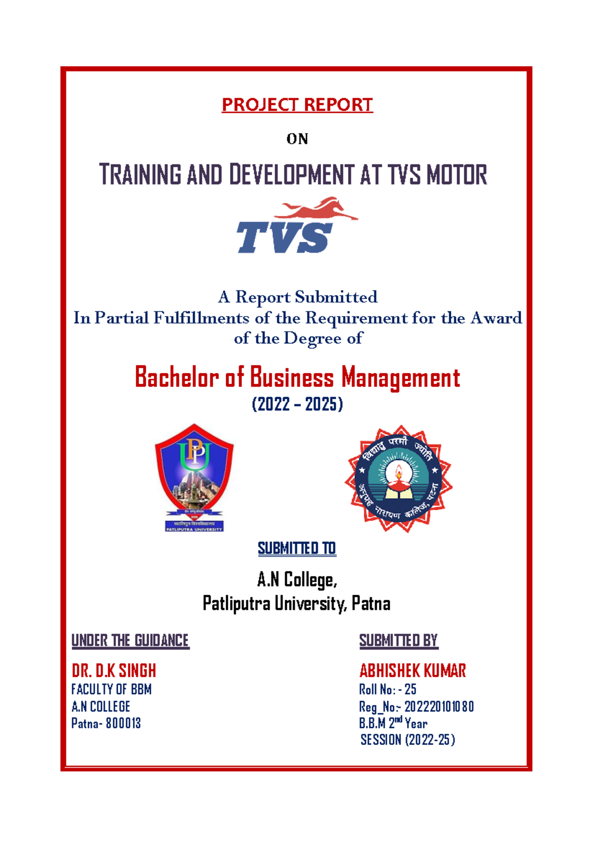 PROJECT REPORT: TRAINING & DEVELOPMENT AT TVS MOTOR (BBM 2nd Year ...