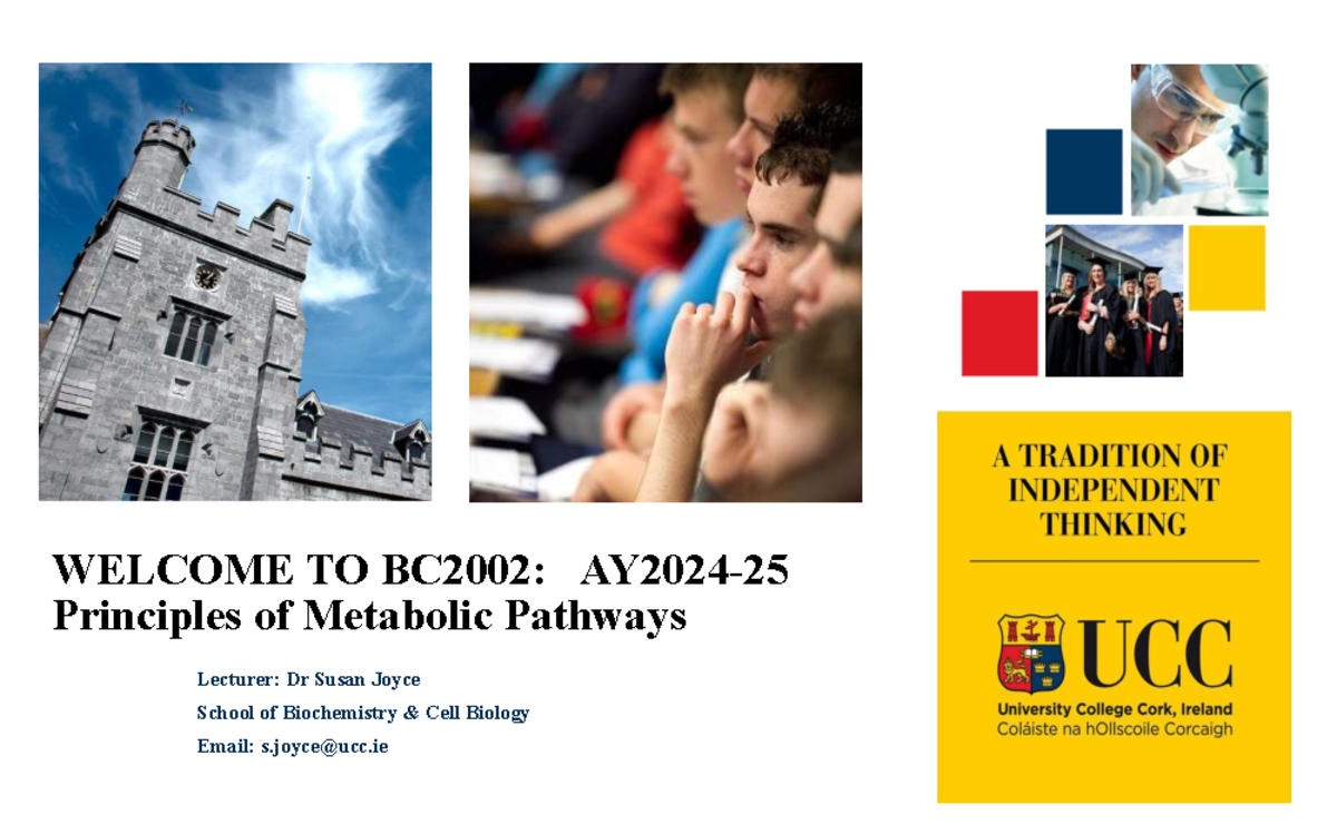 BC2002: Principles of Metabolic Pathways - Lecture 1 Overview and Study ...