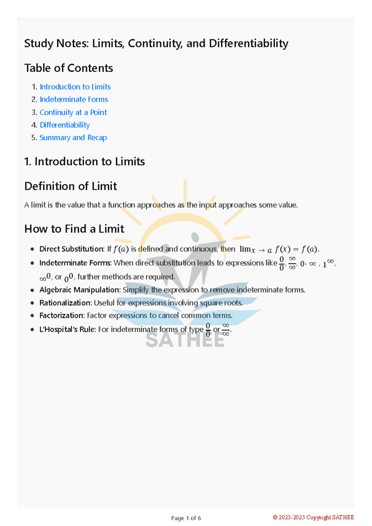 Study Notes: Limits, Continuity, and Differentiability (Part 2) - Studocu