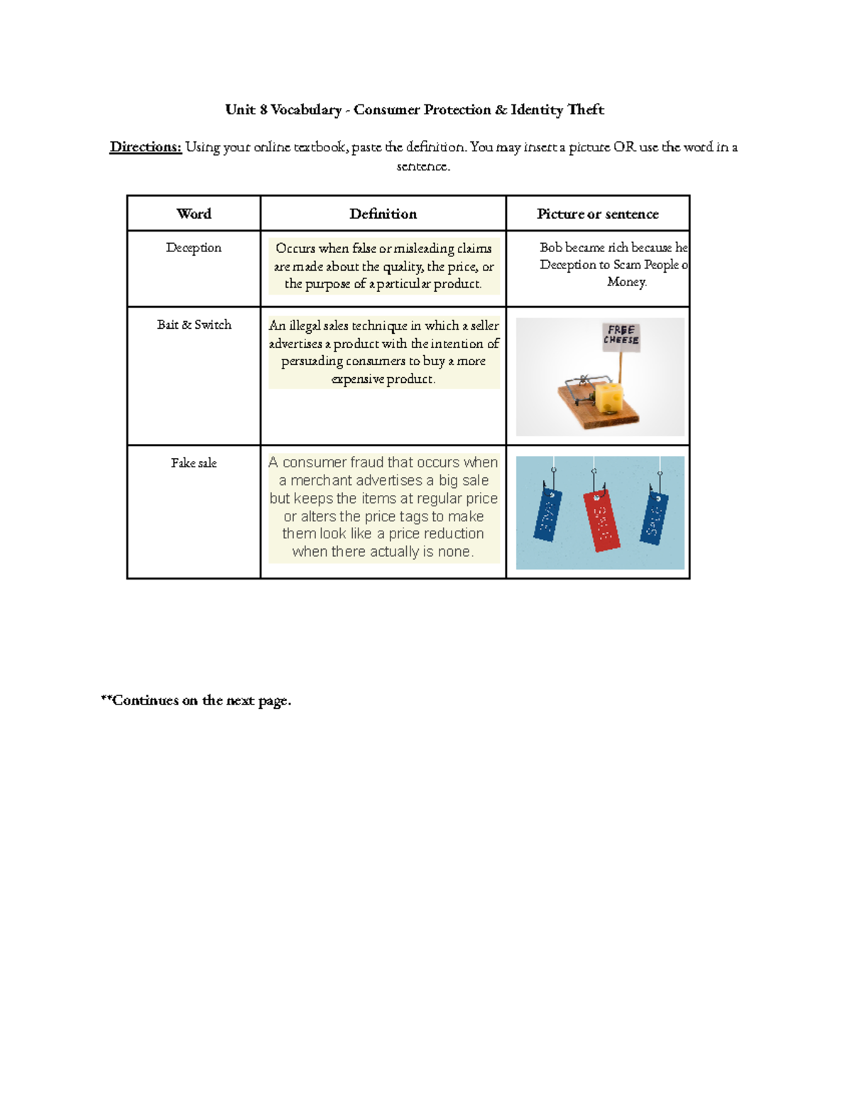 Copy of Unit 8 Vocabulary - Consumer Protection & Identity Theft - Unit ...