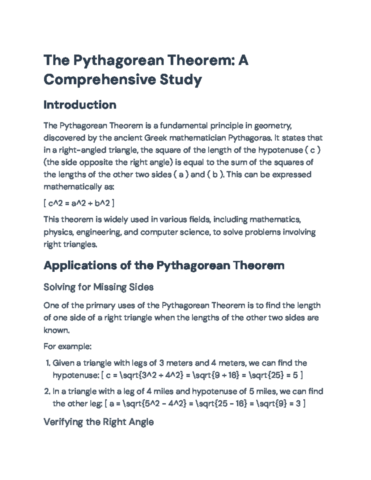 The Pythagorean Theorem: Comprehensive Study and Applications (Math 101 ...