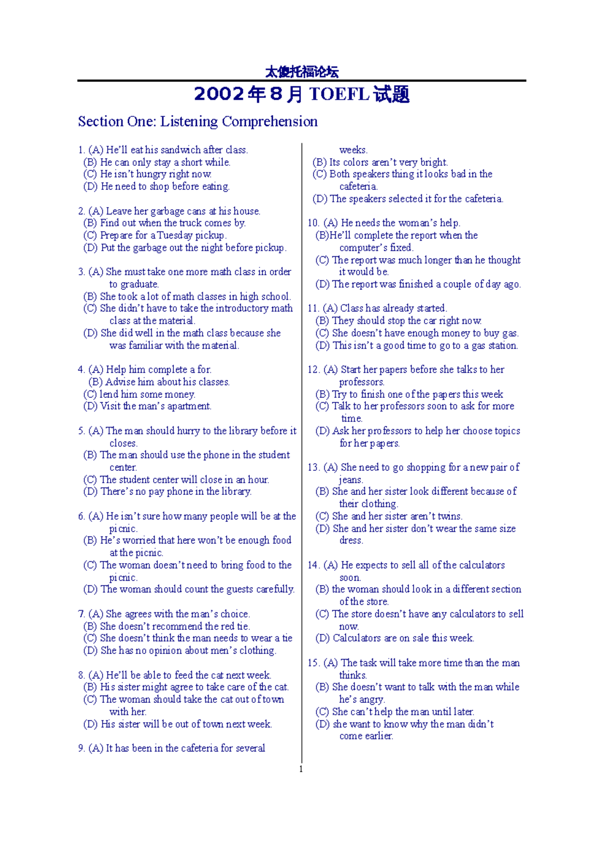 TOEFL Listening Comprehension and Structure Practice (2002-08) - Studocu