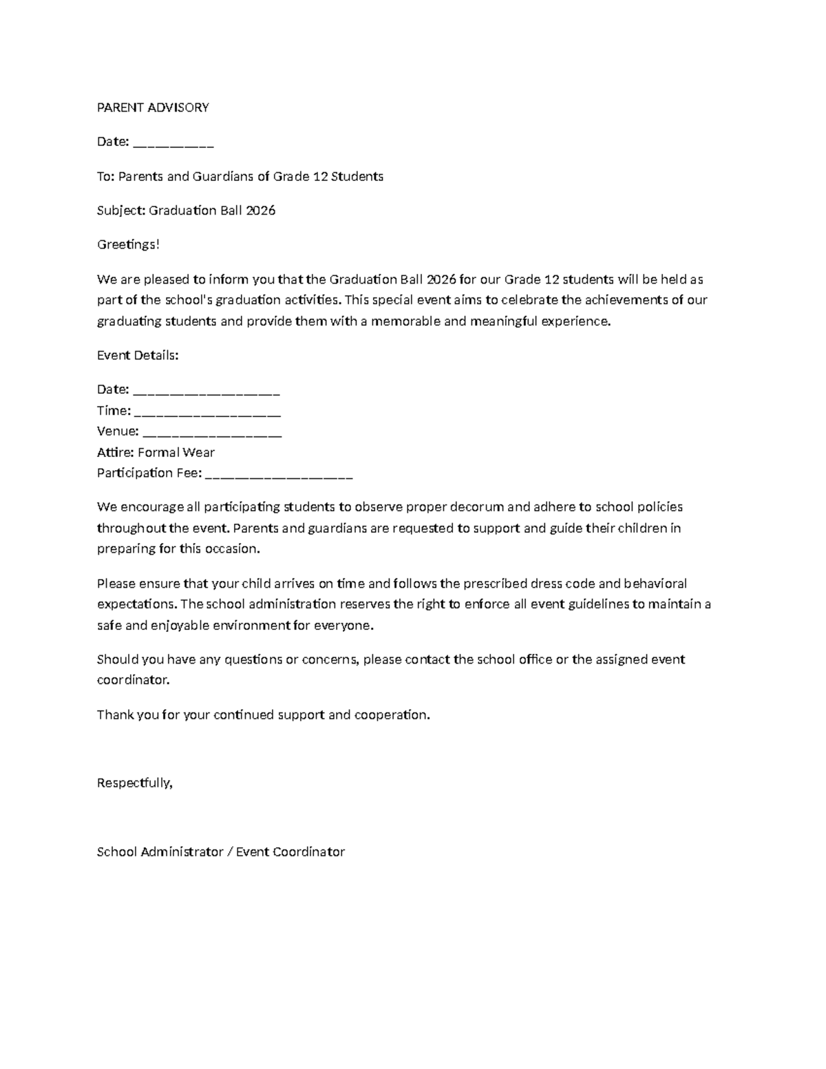 Grade 12 Graduation Ball 2026: Parent Advisory Notice - Studocu