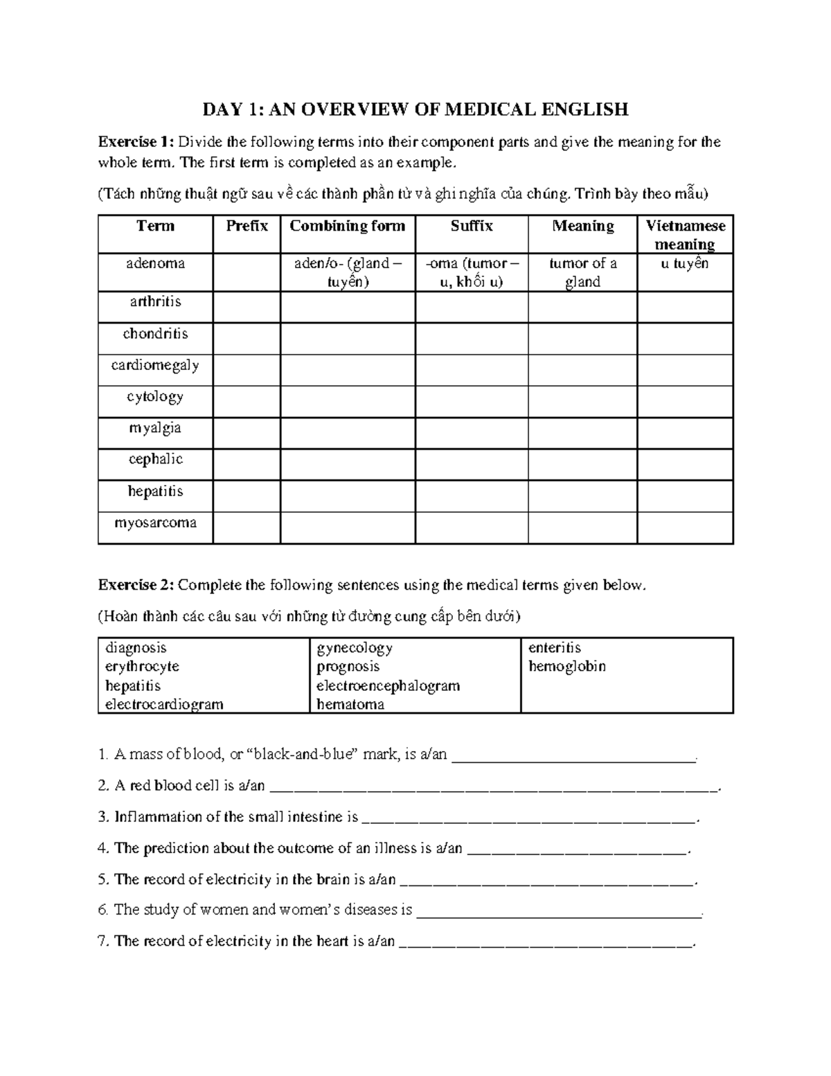 HW 1 - Medical English Overview of Terminology and Exercises - Studocu