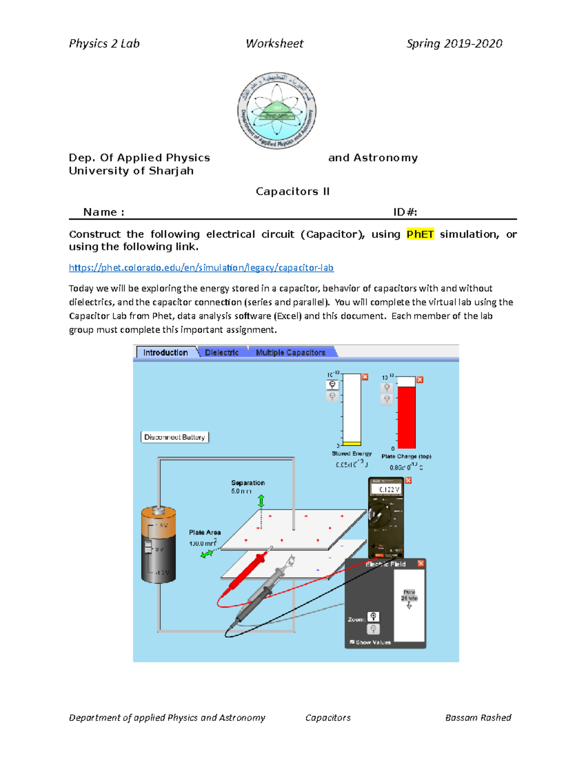 Lab 2 Part 2 Capacitors - Dep. Of Applied Physics and Astronomy University of Sharjah Capacitors ...