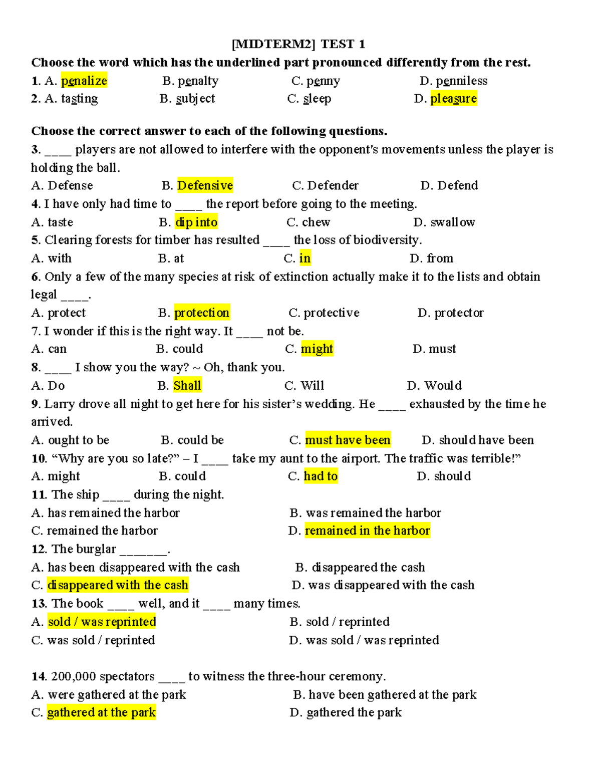 LTV GHK2-ANH12-1718 Test 1: Pronunciation and Comprehension Questions ...