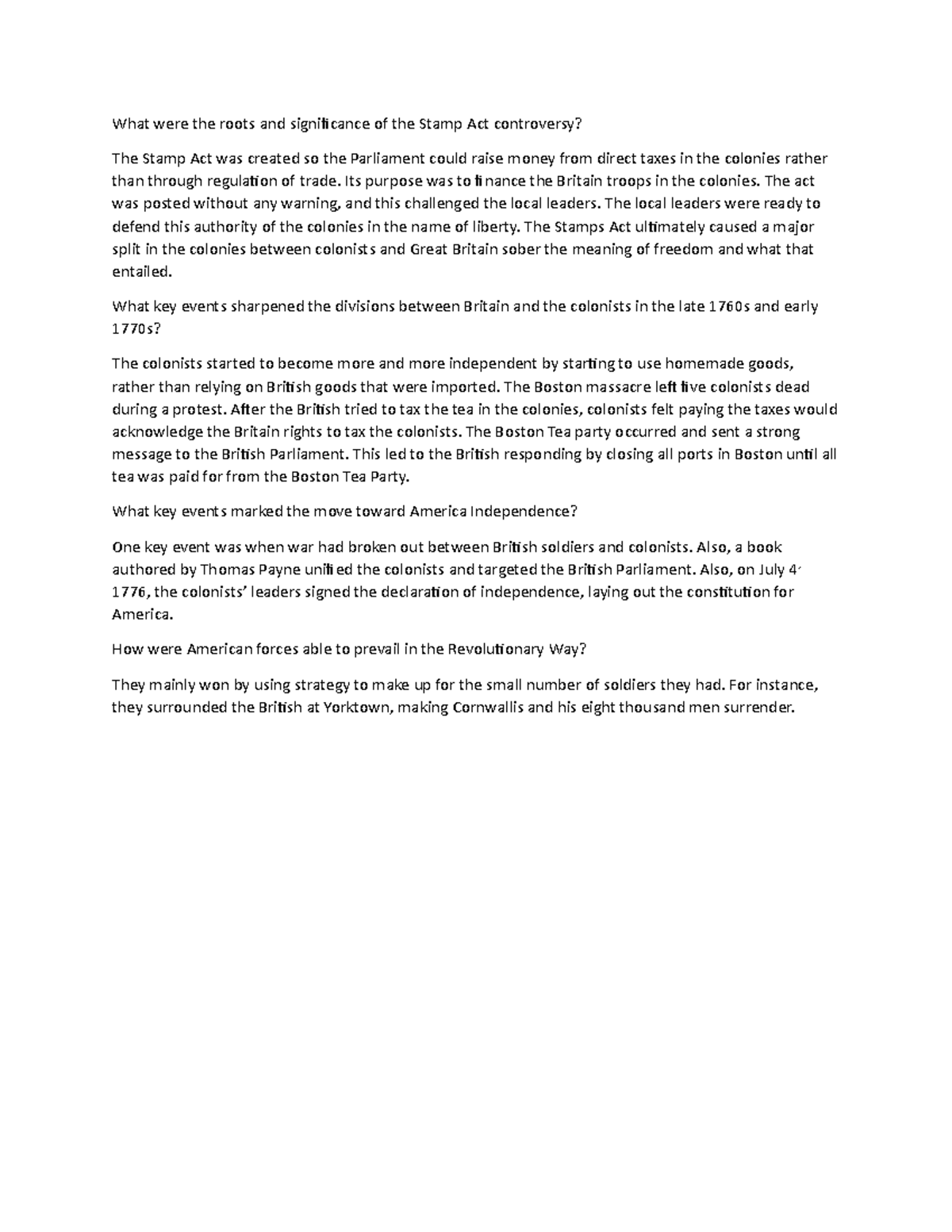 Chapter 4 Focus Questions on the Stamp Act and American Independence ...