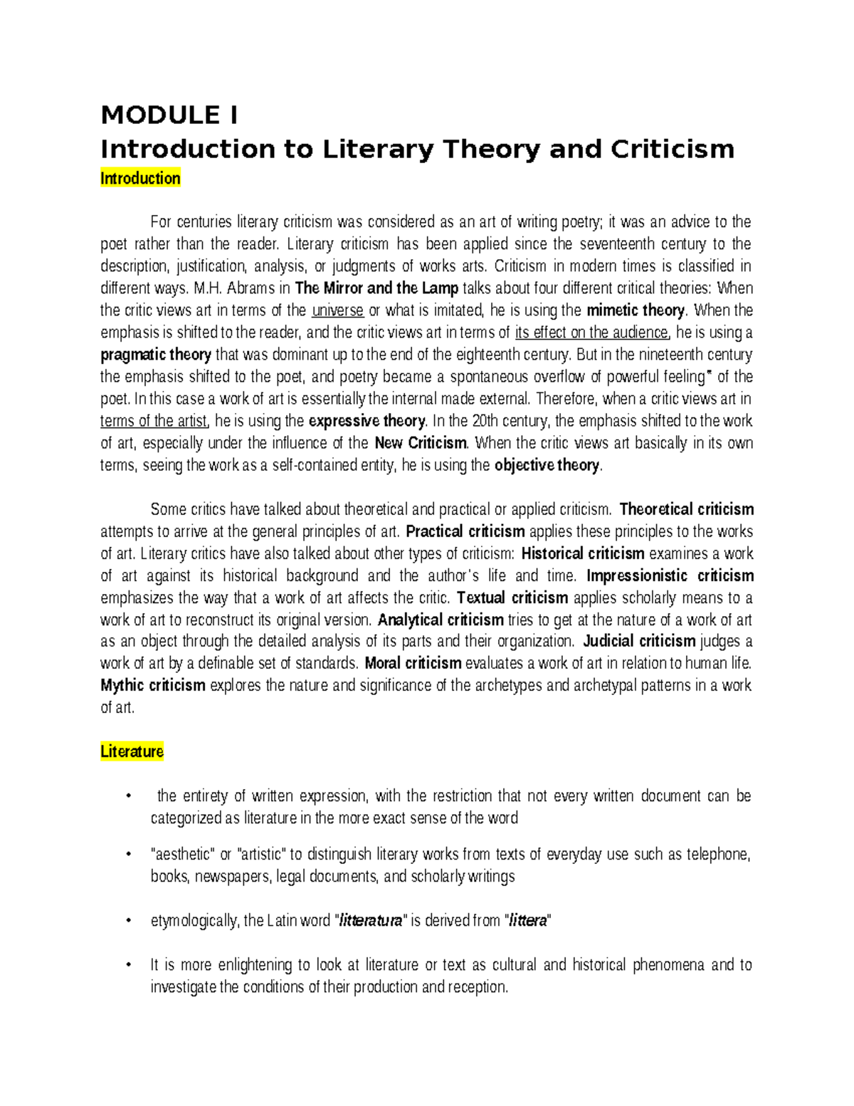 Introduction to Literary Theory & Criticism: Insights & Concepts - Studocu