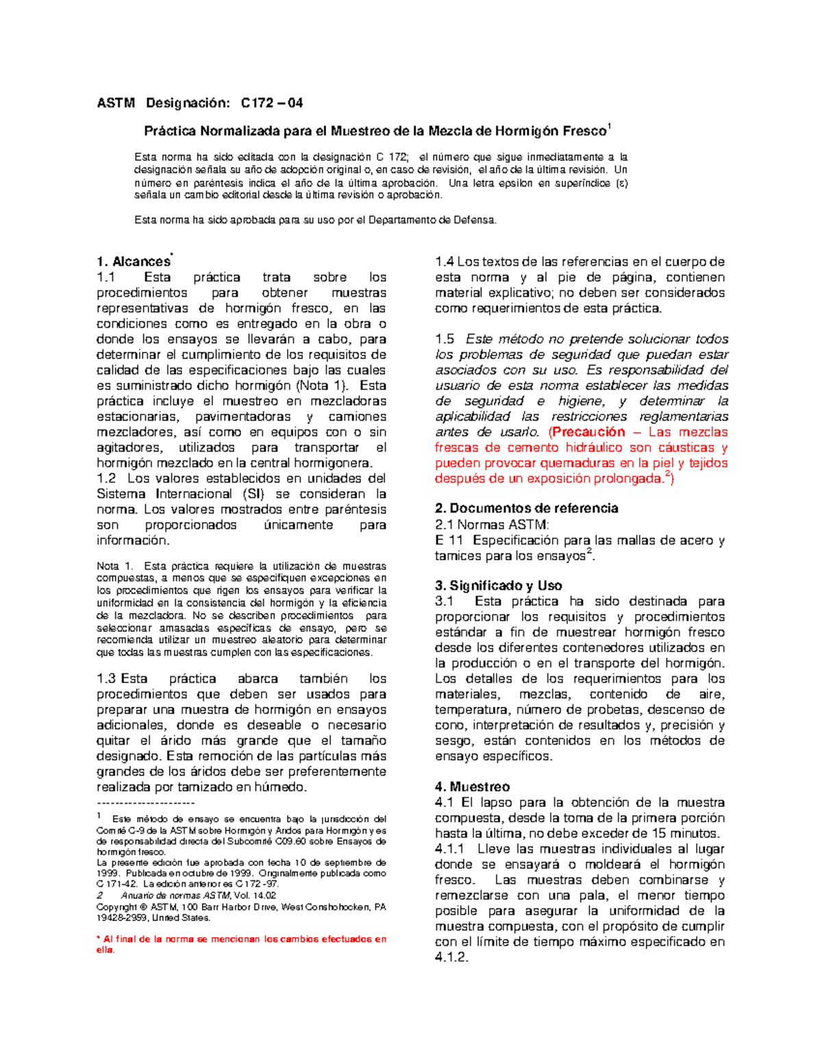 Norma ASTM C 172-04: Muestreo de Hormigón Fresco - Studocu