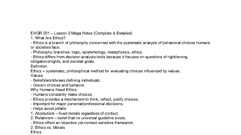 ENGR 201 Lesson 3 Mega Notes: Understanding Ethics and Morality - Studocu