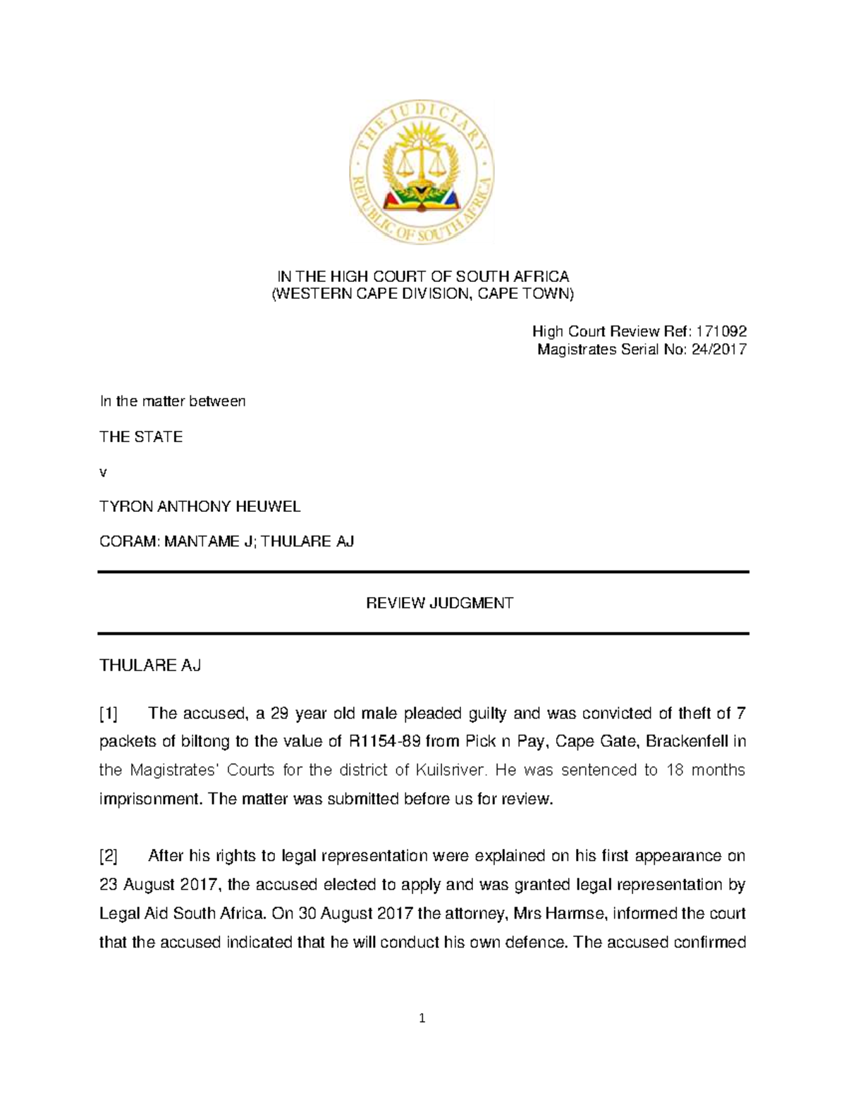 SACR S v Heuwel - Review Judgment on Theft Conviction - Studocu