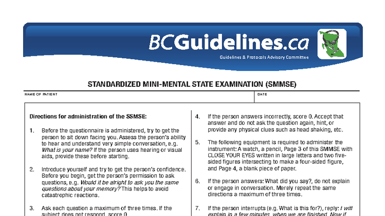 Standardized Mini Mental State Examination (SMMSE) Guidelines - Studocu