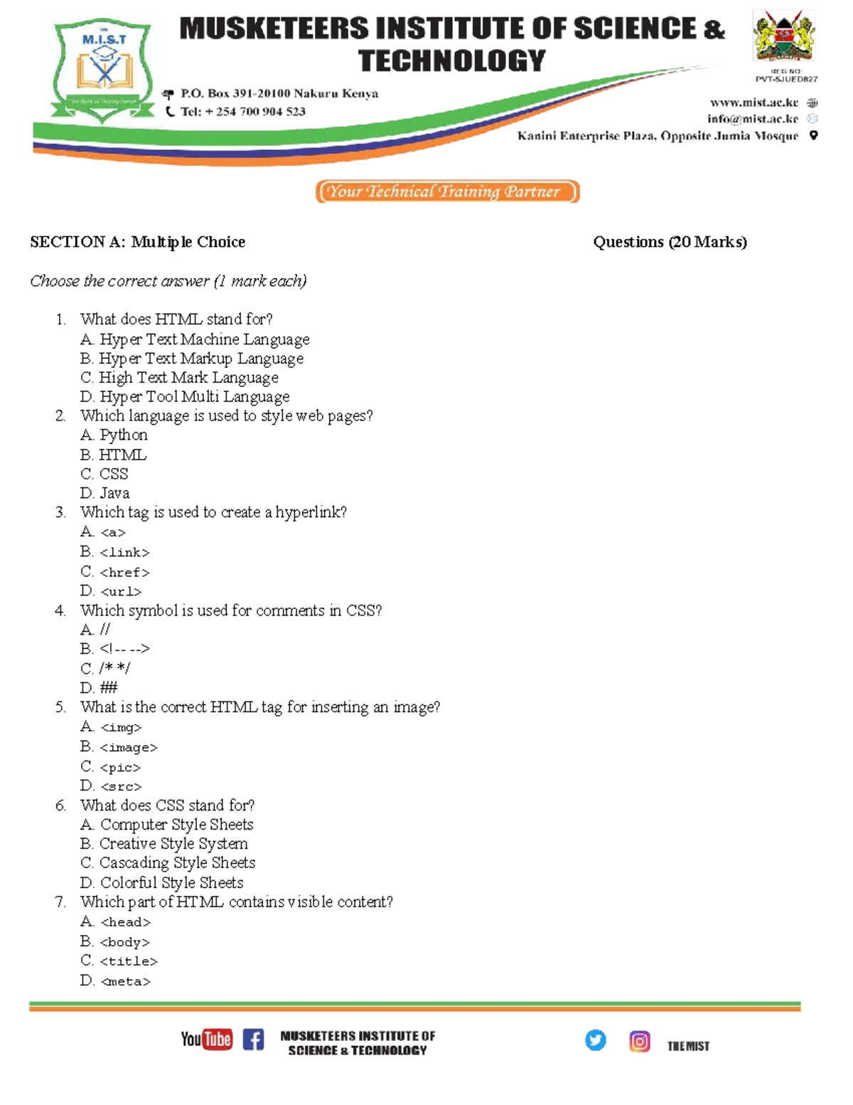 WEB Development Exam: Multiple Choice Questions (20 Marks) - Studocu