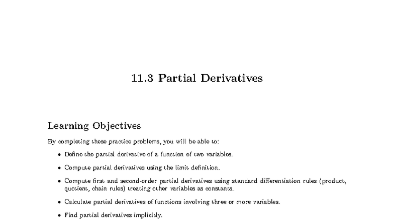 FS25 MATH UA 131 Partial Derivatives Practice Problems - Studocu