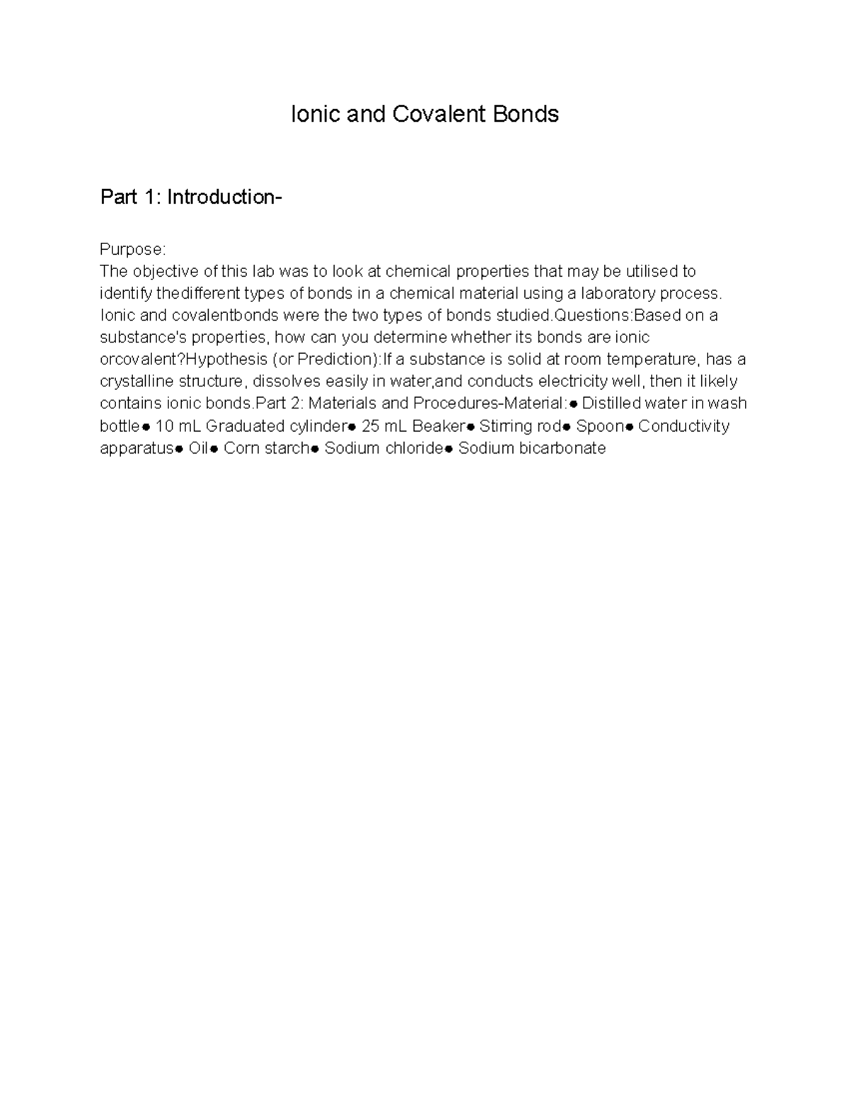 Ionic and Covalent Bonds Lab Report - CHEM 101 Advanced Study - Studocu
