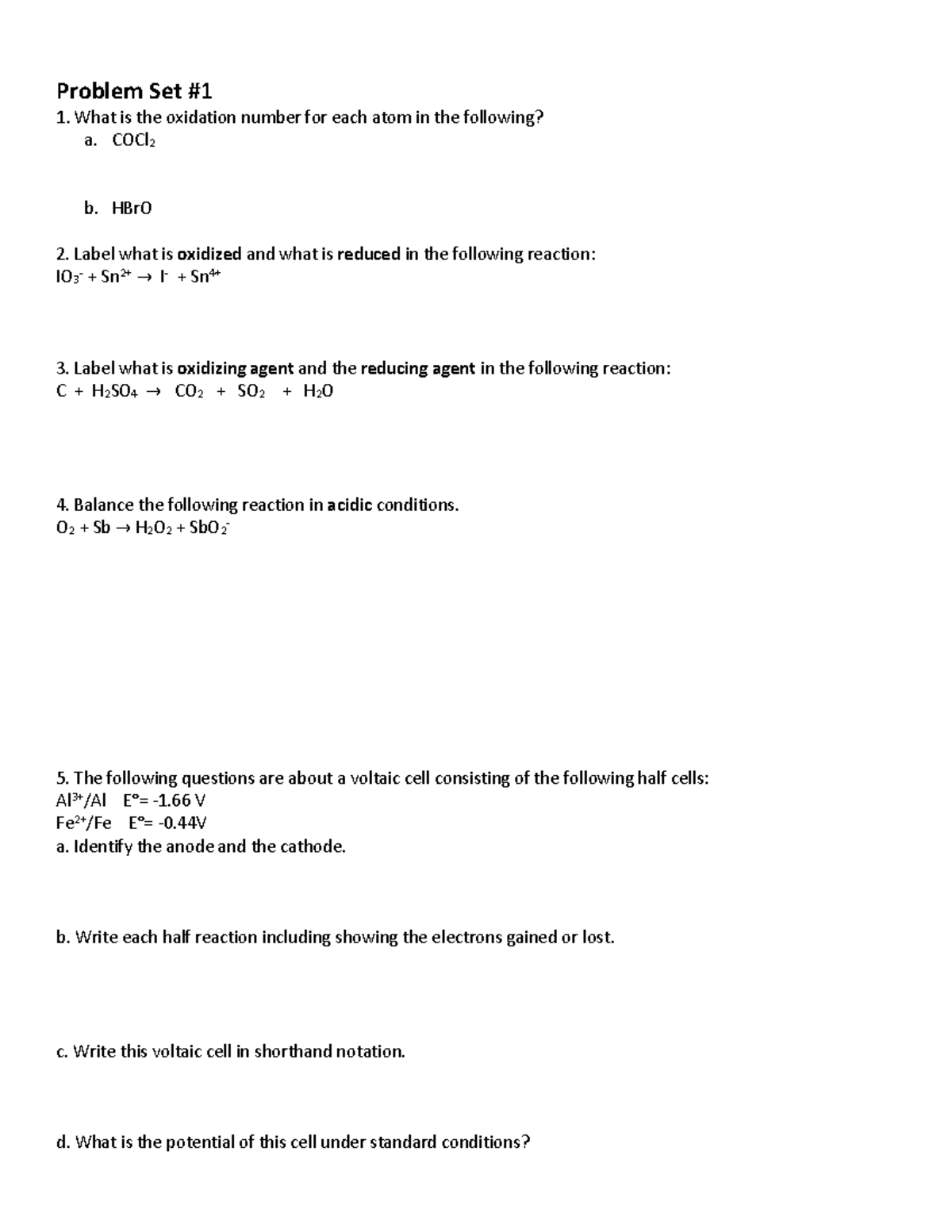 Additional Problem Set 12-13: Oxidation Numbers & Voltaic Cells - Studocu