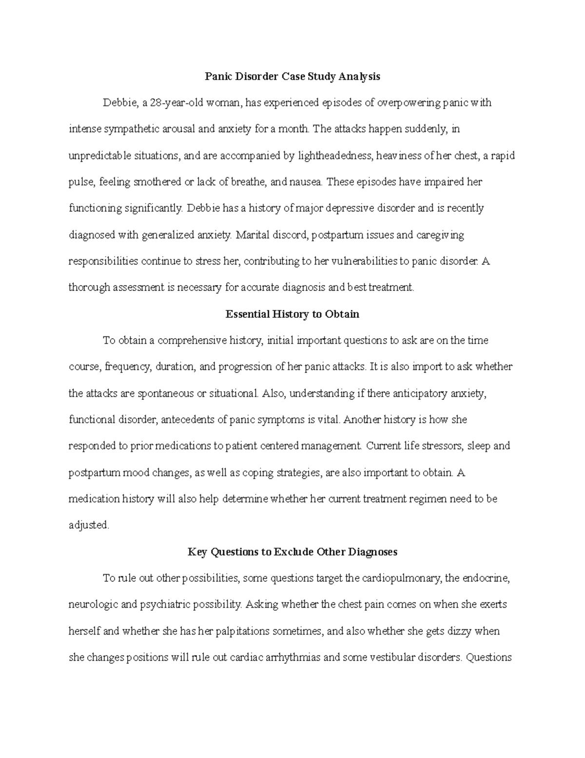 Panic Disorder Case Study Analysis: A Comprehensive Review - Studocu