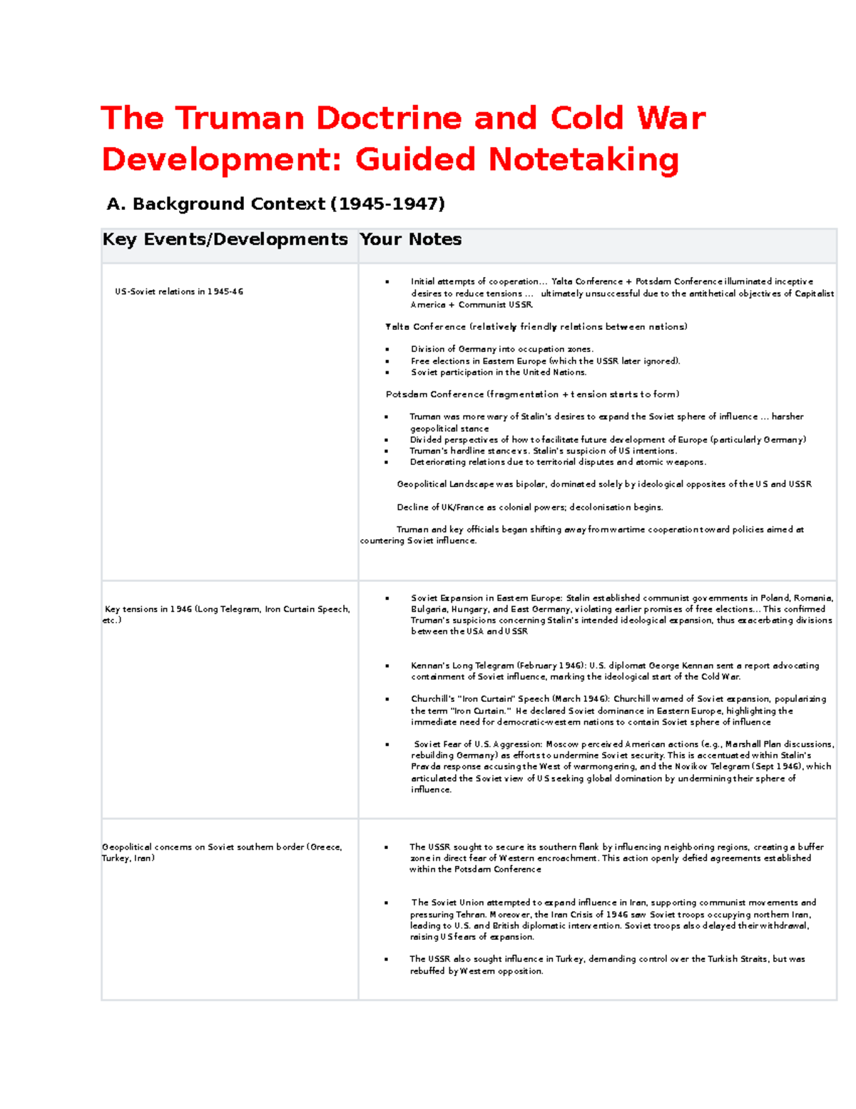 Truman Doctrine & Cold War Development: Guided Notes - Studocu