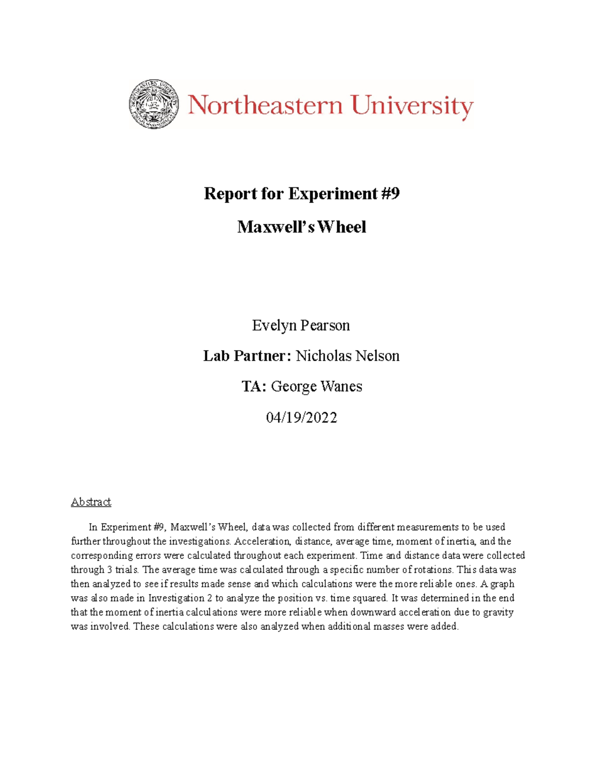 Maxwell’s Wheel Experiment #9: Analyzing Motion and Inertia - Studocu