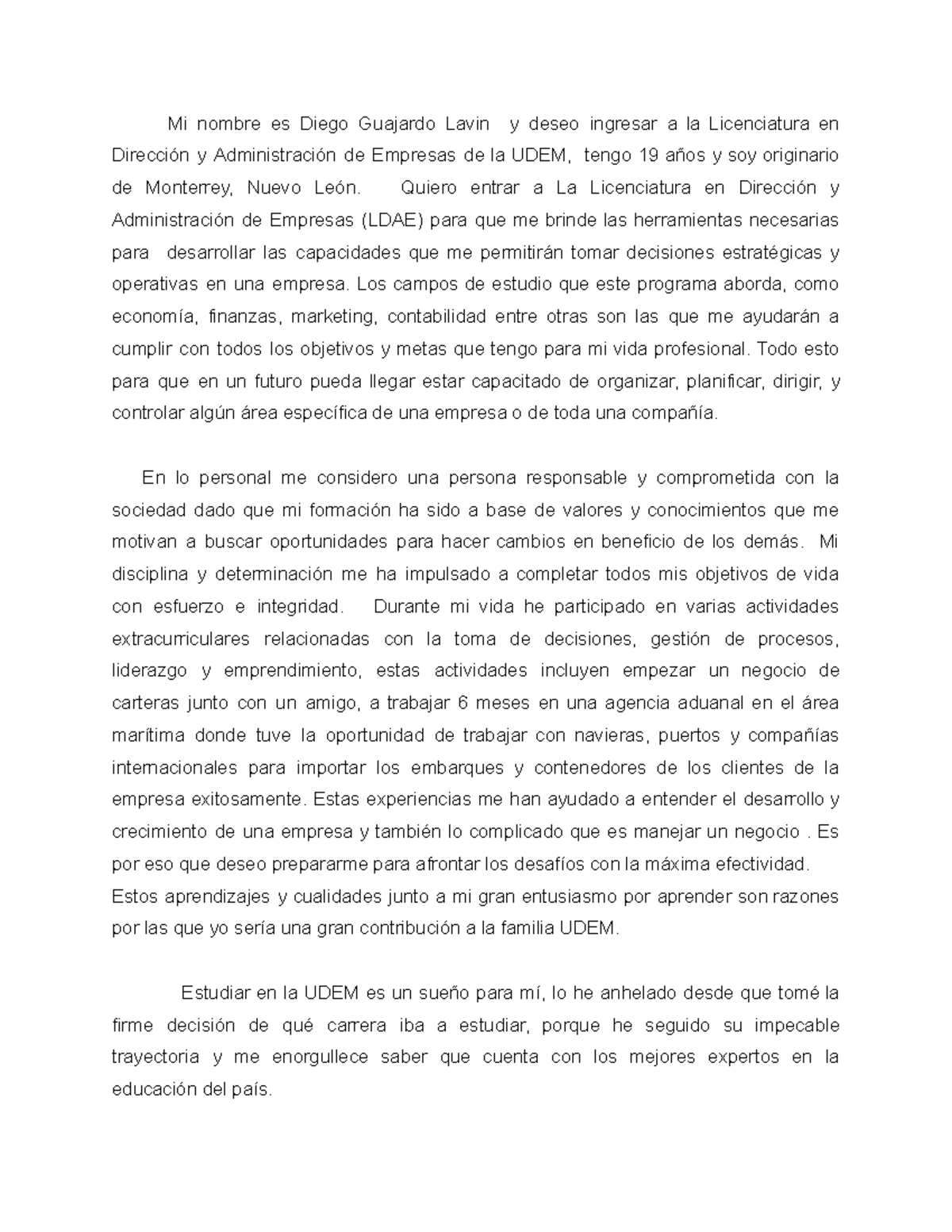 Ensayo de Ingreso a la Lic. en Dirección y Adm. de Empresas UDEM - Studocu