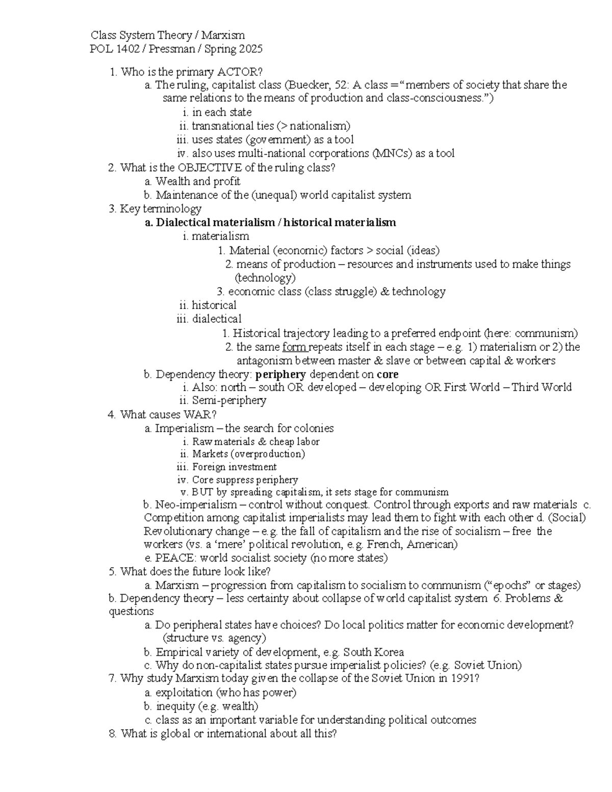 POL 1402 Mod 4 Class System Theory Study Guide - Marxism Outline - Studocu