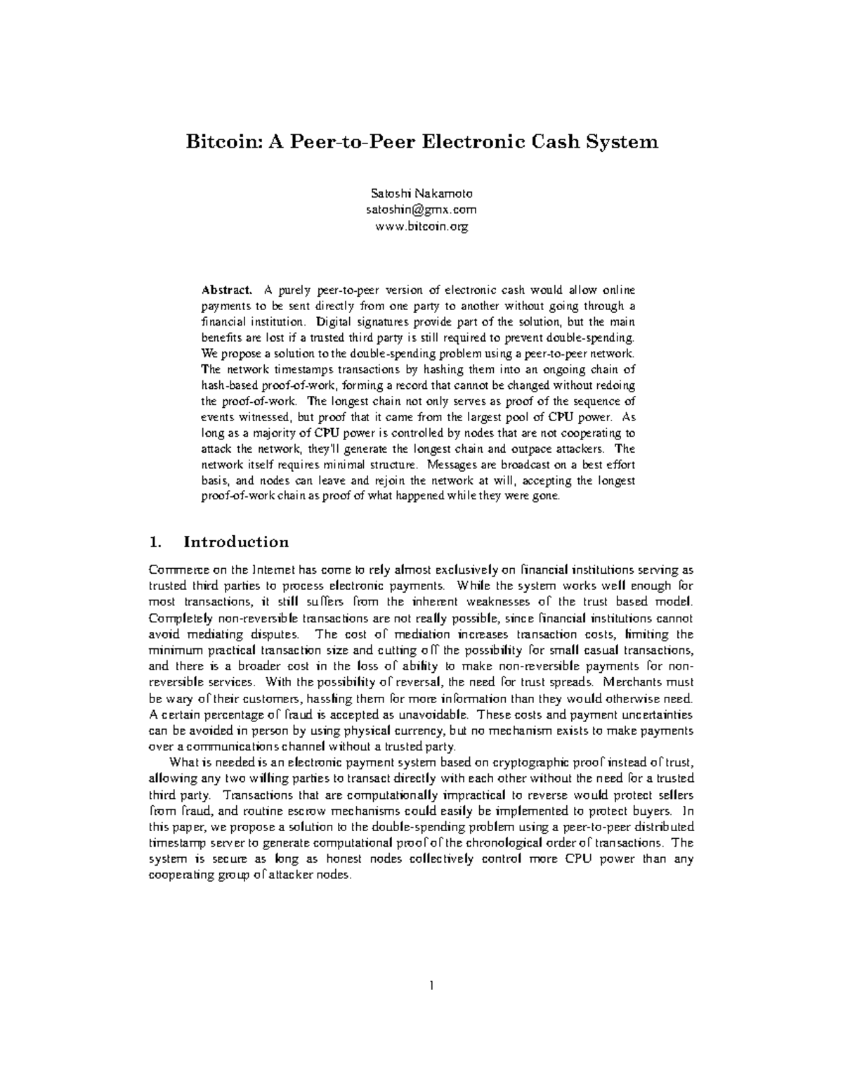 Bitcoin: An Electronic Cash System by Satoshi Nakamoto - Studocu