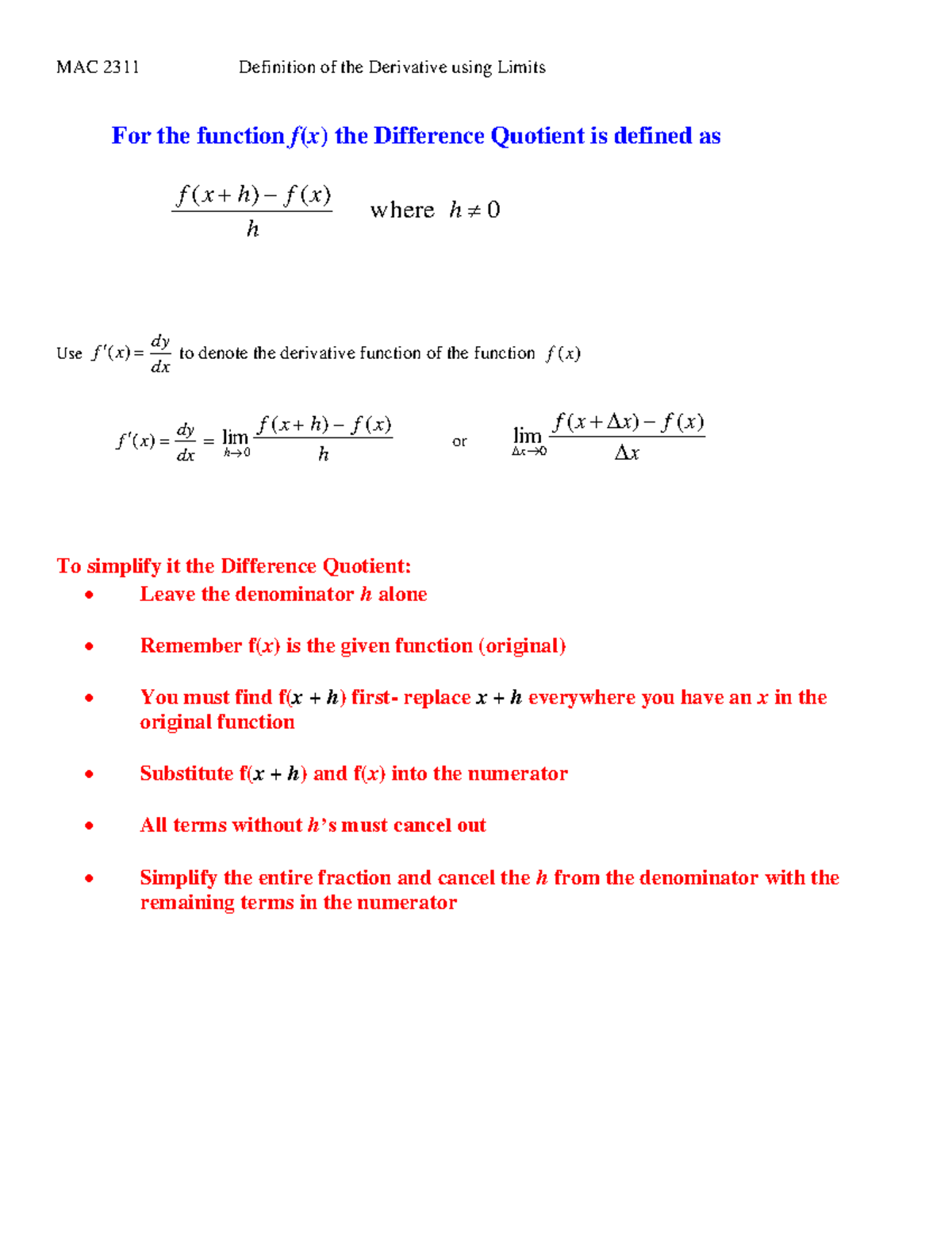 MAC 2311 Final Exam Notes: Definition of the Derivative Using Limits ...